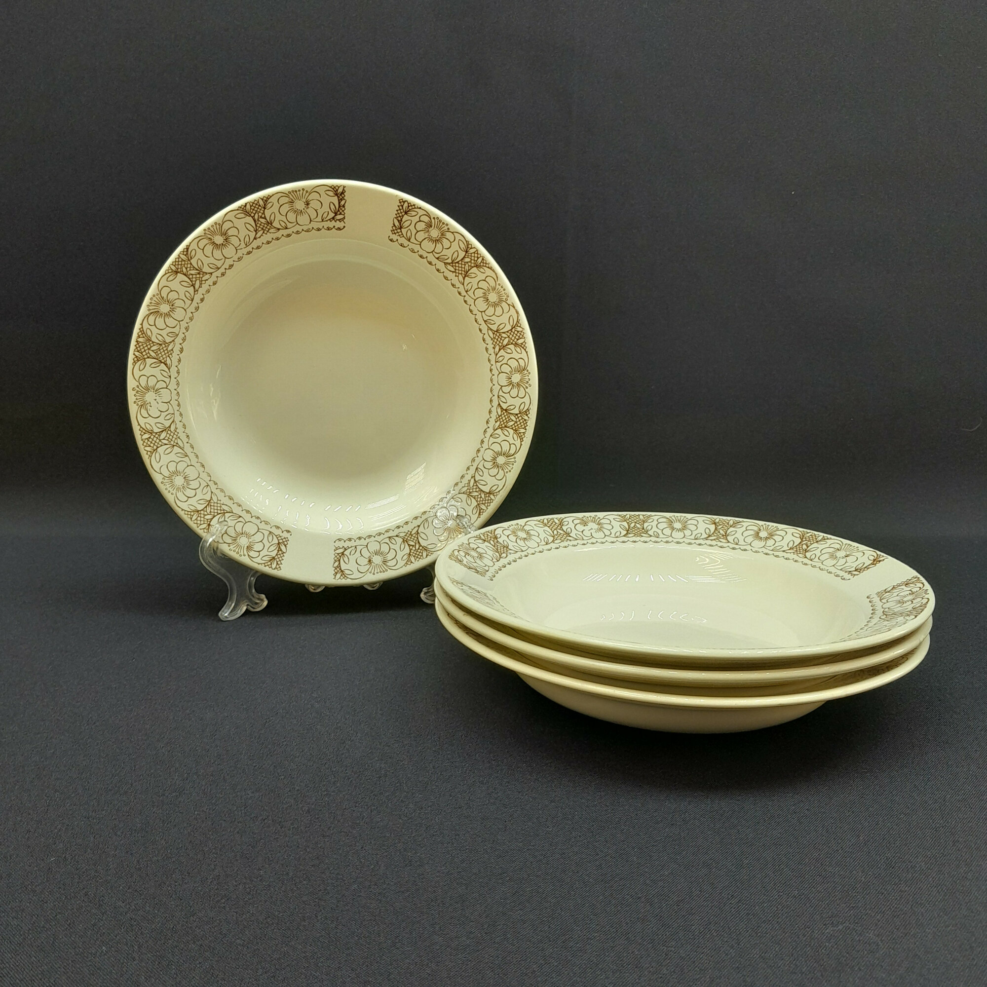 Набор из 4 суповых тарелок Конаково, фаянс деколь 20 см, винтаж СССР