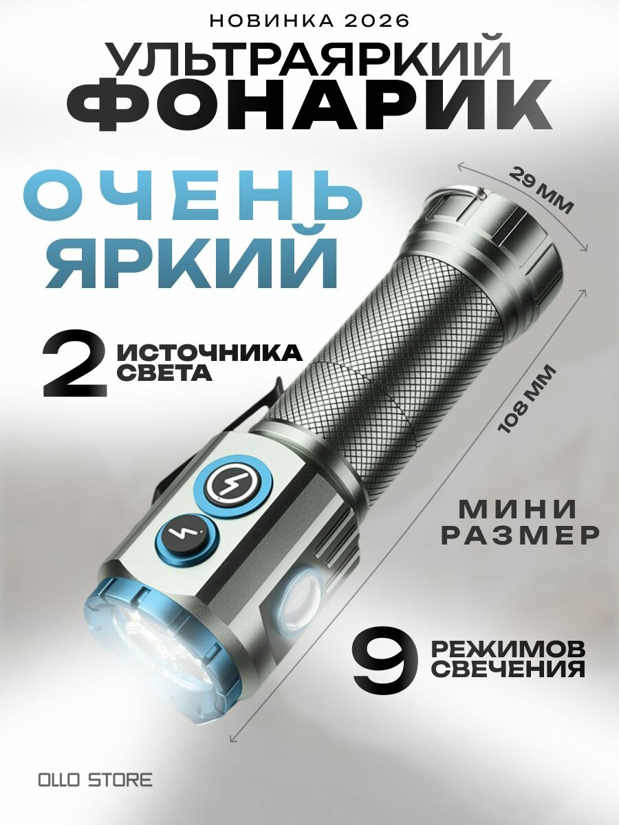 2026 г. Супер яркий фонарь с аккумуляторами. Магнитной подошвой и рассеивателем.