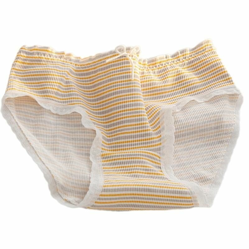 Женские хлопковые трусы с цветочным принтом, Серые и желтые полосы - L