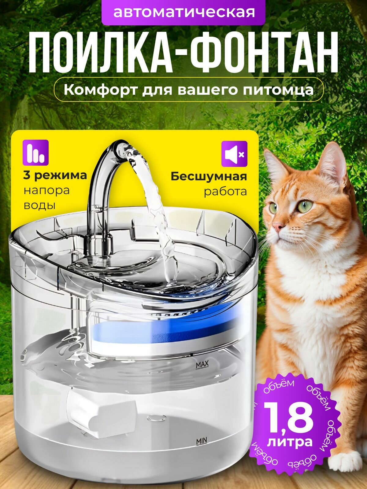 Фонтан для кошек, автопоилка с фильтром, поилка для кошек фонтан, бесцветная, 1.8 л.
