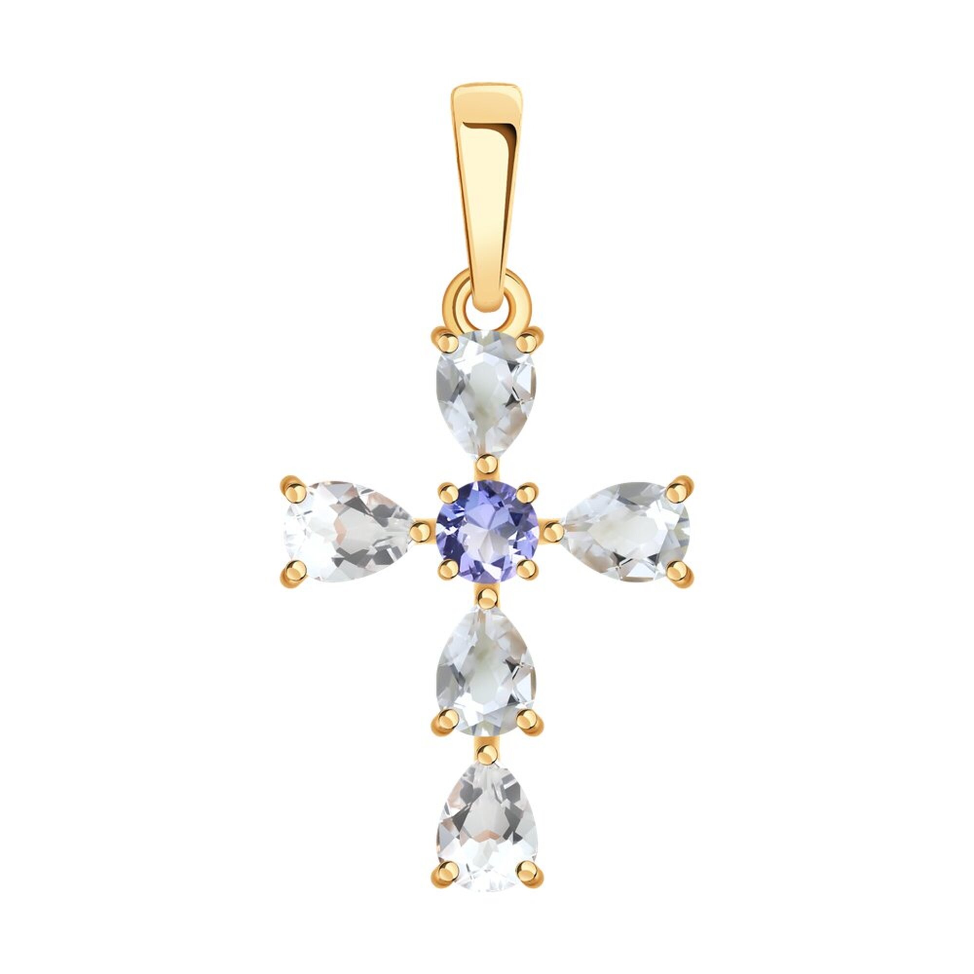Подвеска, красное золото, 585 проба, горный хрусталь, танзанит