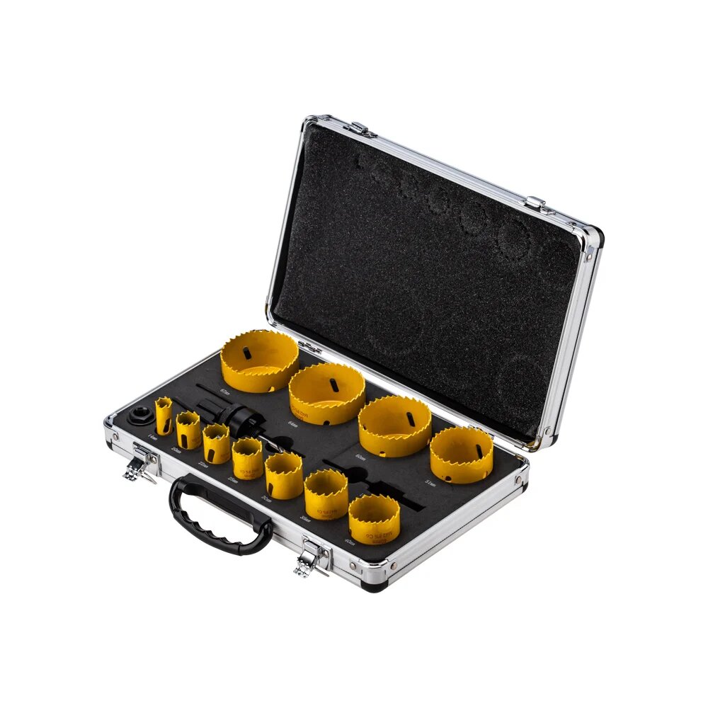 Набор коронок Bimetal (14, 20, 22, 25, 30, 35, 40, 51, 60, 64, 67 мм), 16 предметов, металлический кейс KRANZ KR-92-0203-1