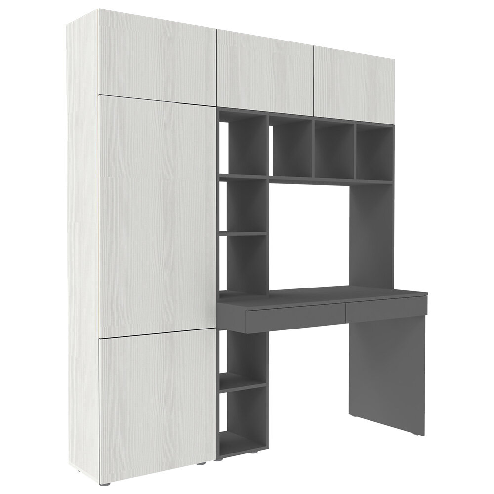 Стол письменный со стеллажом и шкафом 1800 Темно-серый Белое Дерево