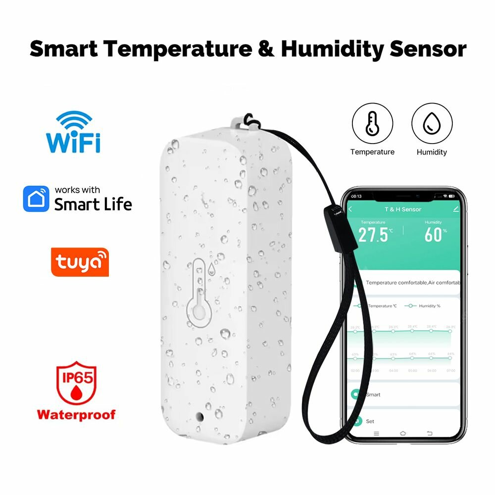 Умный Wi-Fi датчик температуры и влажности, IP65 водонепроницаемый, Tuya Smart Life