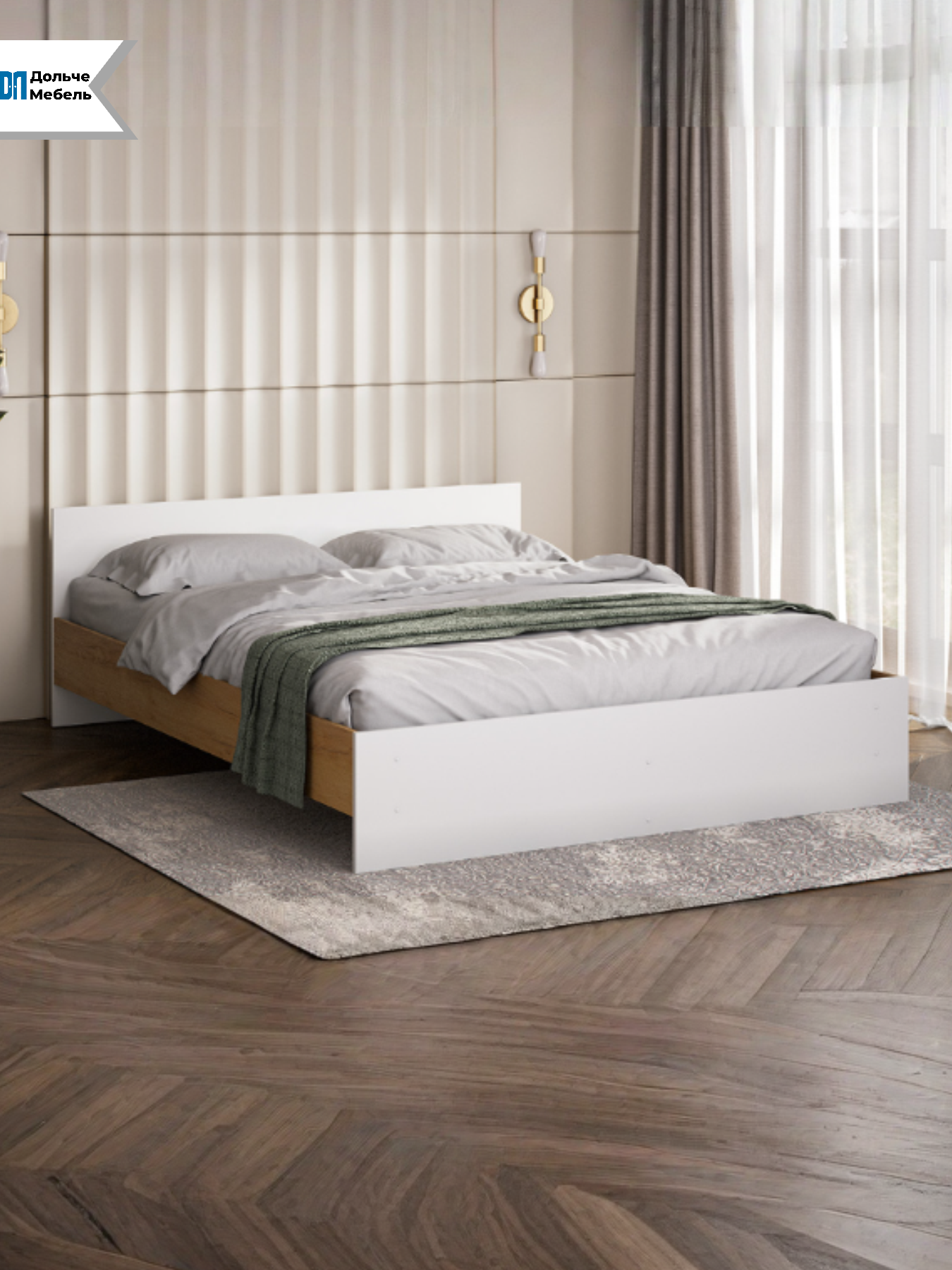 Кровать двуспальная 160х200 с изголовьем Денвер, дуб золотой/белый