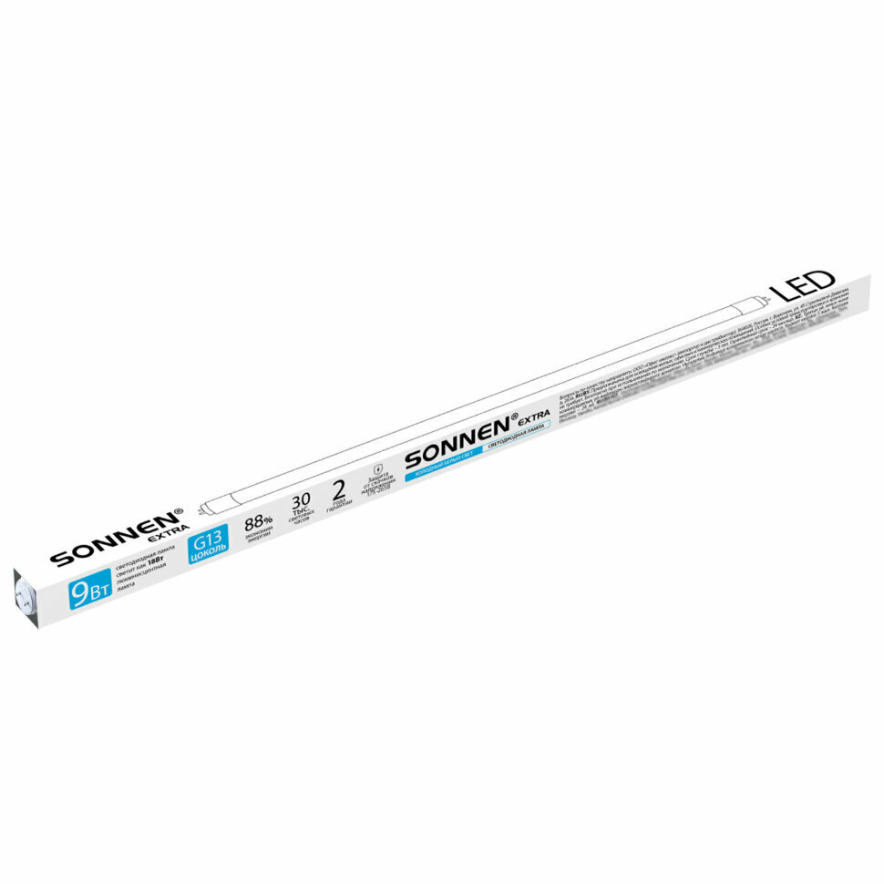Лампа-трубка светодиодная SONNEN EXTRA, 9 (18) Вт, G13, 30000 ч, 60 см, холодный белый, LED T8-9W-6500-G13, 457938, 457938