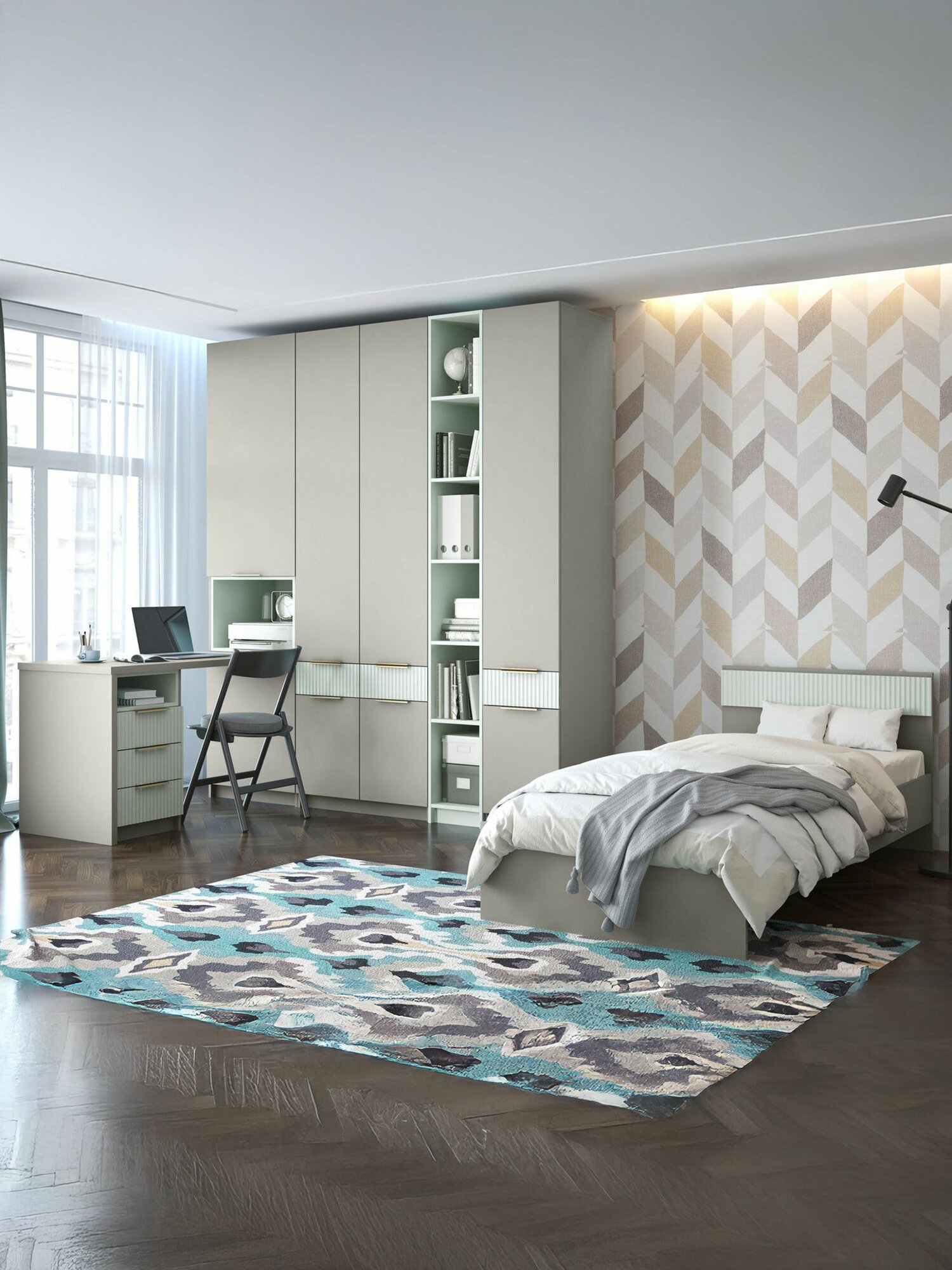 Комплект детской мебели Джерси, кровать, шкаф, письменный стол, стеллаж, Шиншилла серый / Скай матовый / Пастельный зеленый