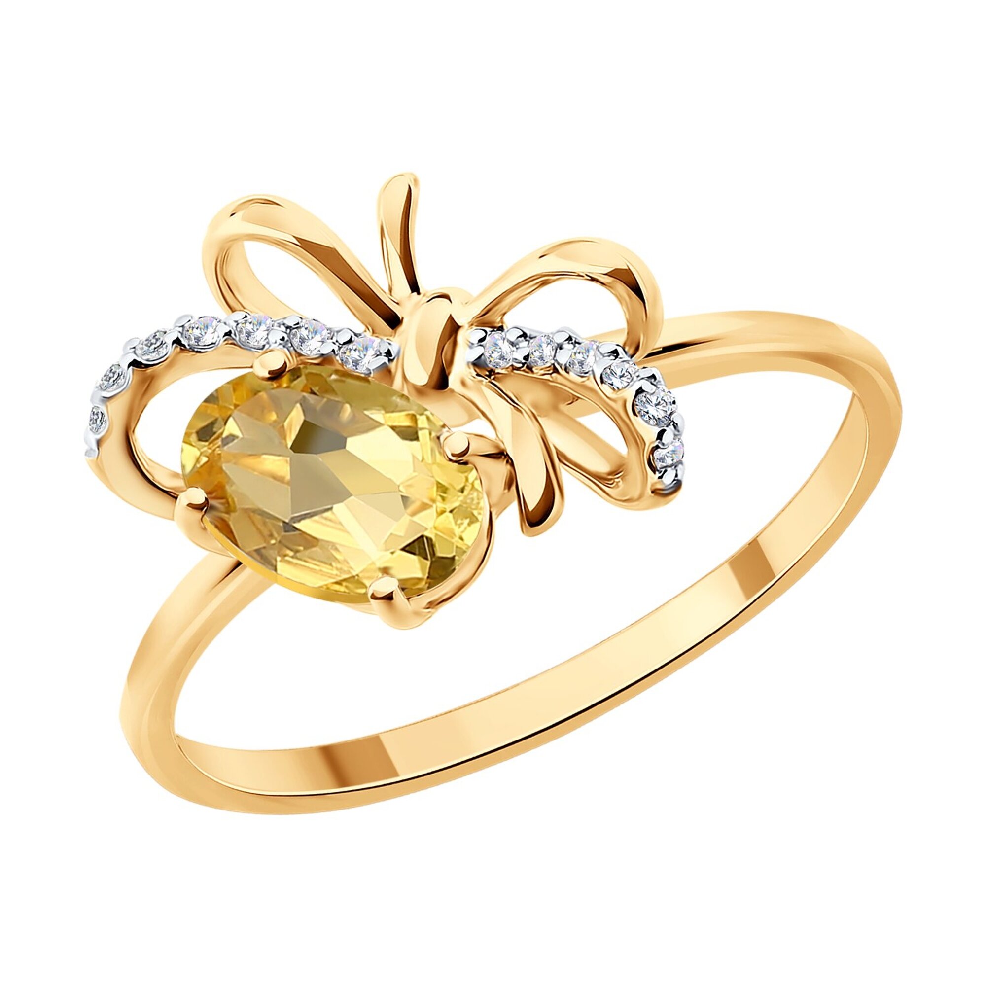 Кольцо, красное золото, 585 проба, фианит, цитрин