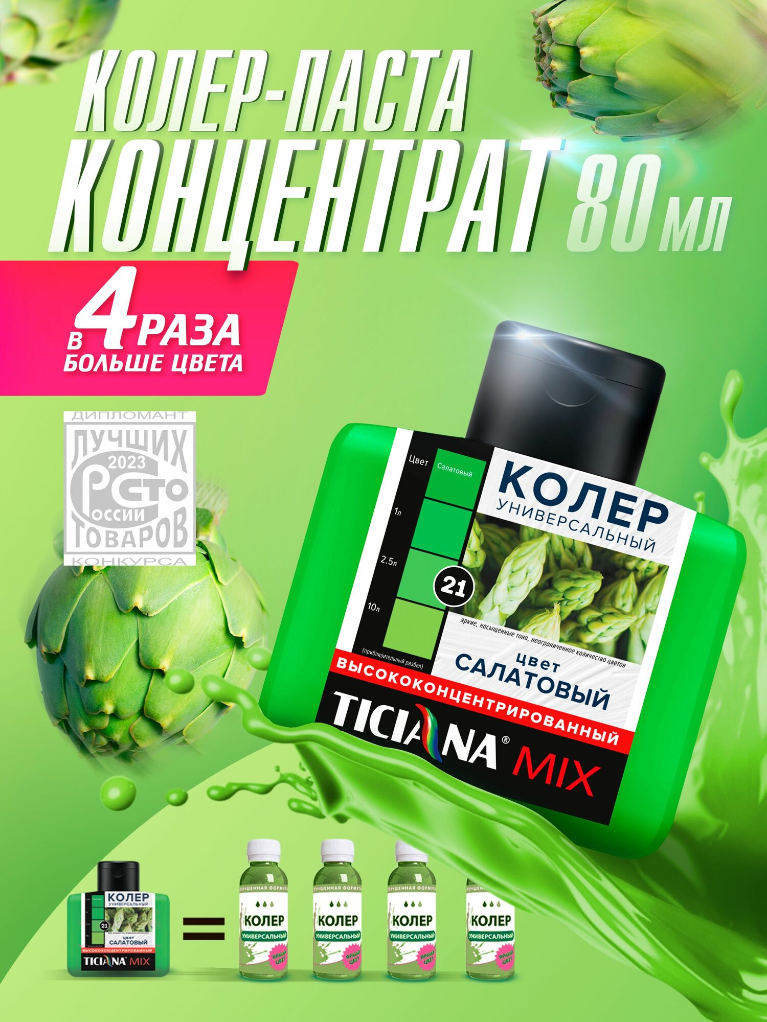 Колер-концентрат для краски универсальный TICIANA MIX, колер-паста насыщенная, Цвет: экстра Салатовый, 80 мл