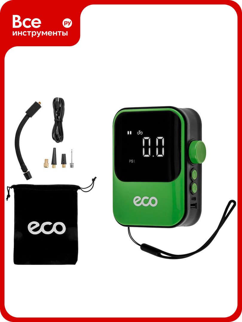 Компрессор автомобильный ECO Comfort AE-007 EC3010-2, 8 мм, сталь, аккумулятор Li‑Ion, цифровой дисплей, выносной тип