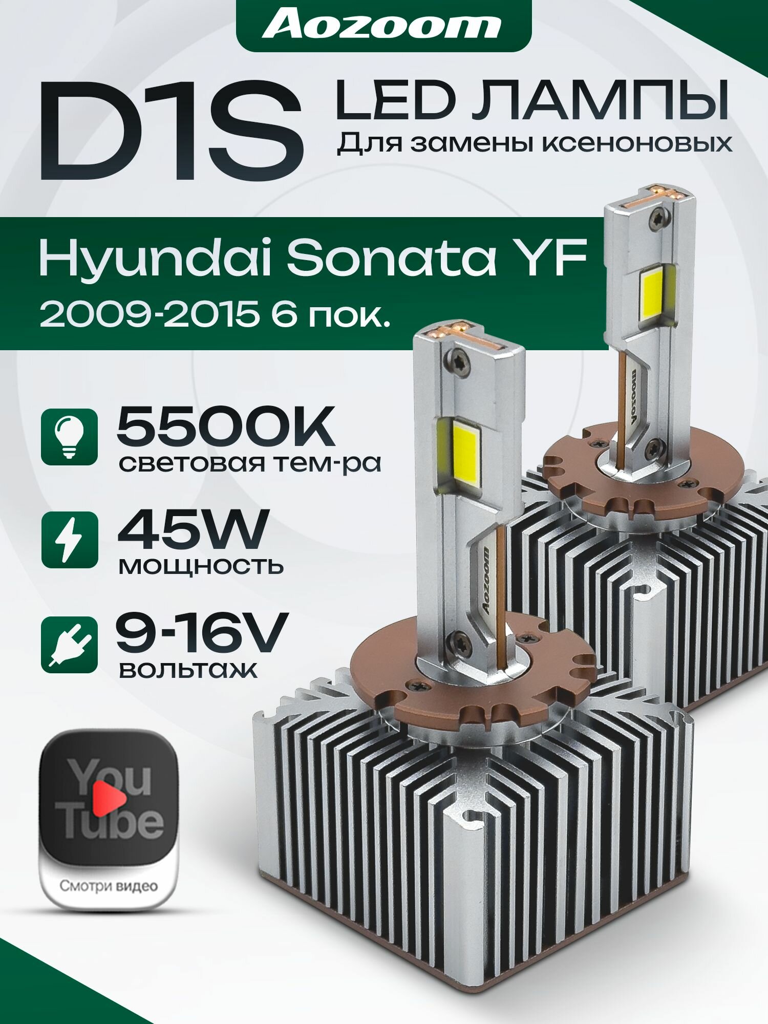 Лампы светодиодные Aozoom D1S на Hyundai Sonata 6 пок. YF 2009-2015 / Лед лампы Аозум Д1С взамен ксенона для Хендай Соната 6 УФ