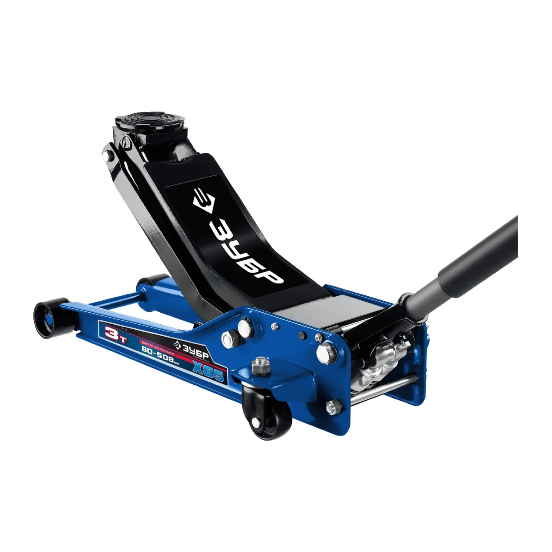 Гидравлический подкатной домкрат ЗУБР Профессионал X85, 43051-3_z02, 3 т, подхват 80 мм, подъем 508 мм, синий