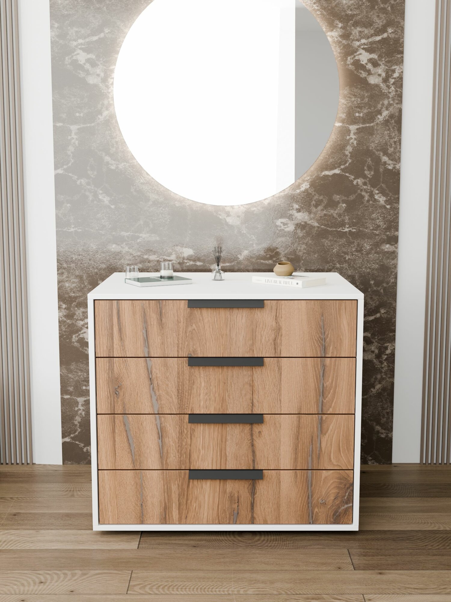 Изумлит Комод для белья и одежды Лайн 4 ящика, 80х74х59 см, белый-дуб крафт табачный