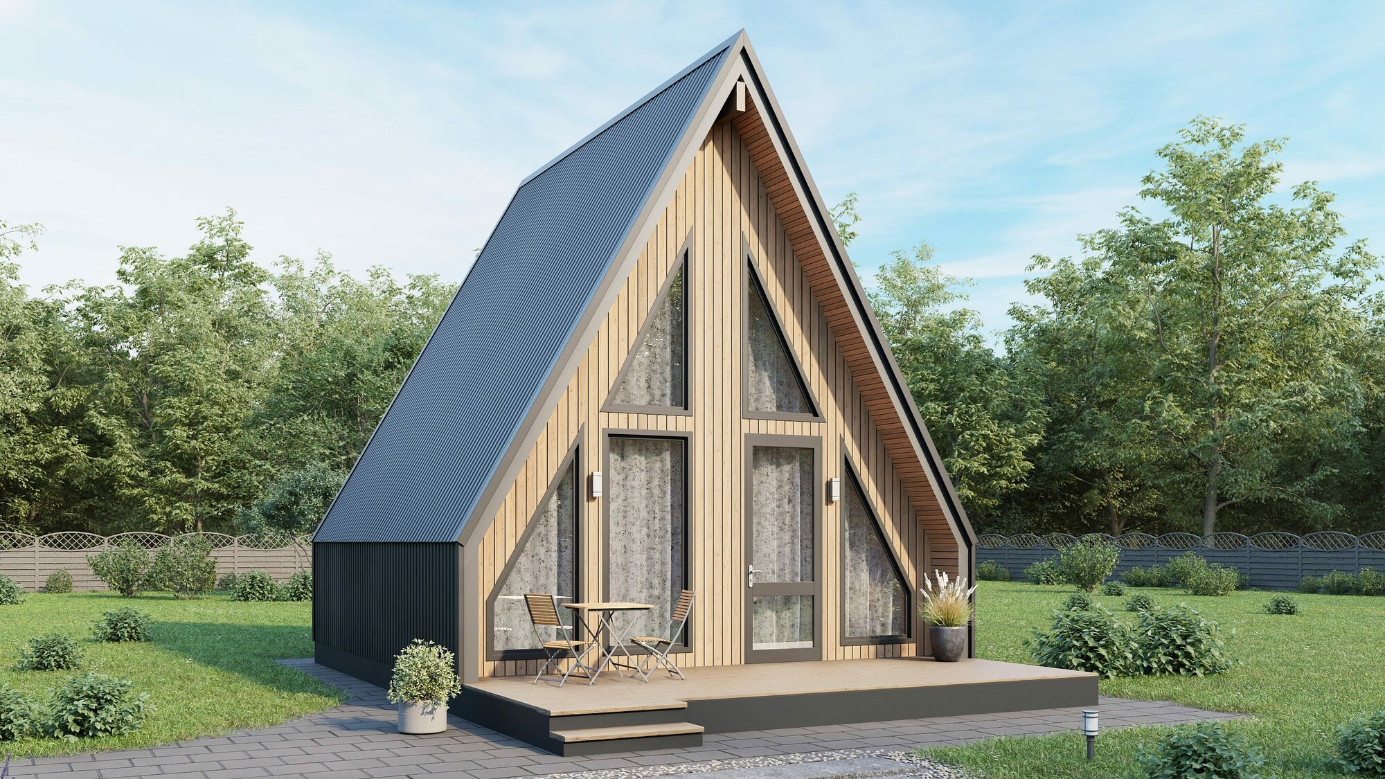 Проект дома А-фрейм ПСК-303 "Куруш" 1 этаж + антресоль, с патио. Подходит для дачи, гостевого/туристического дома, глэмпинга и аренды.