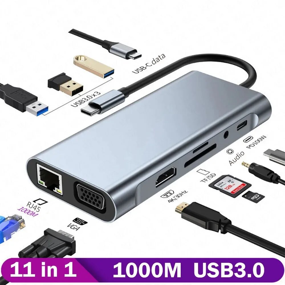 Док-станция USB C 11 в 1, 1000M, HDMI, VGA