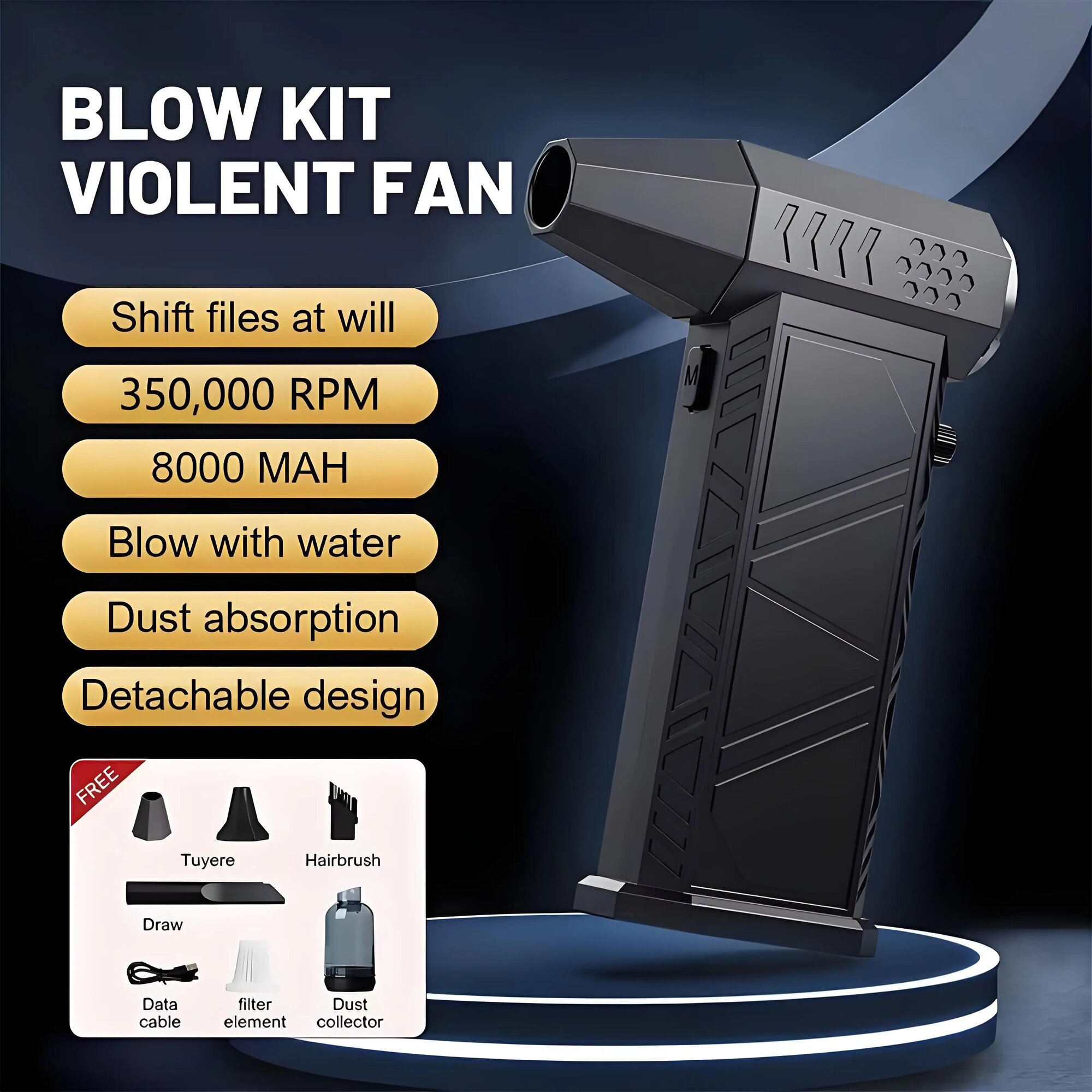 Силовой пылесос-вентилятор Violent Fan 350000RPM с зарядкой, мощный ветер 58 м/с, безщеточный турбоноzzle, набор для сушки B