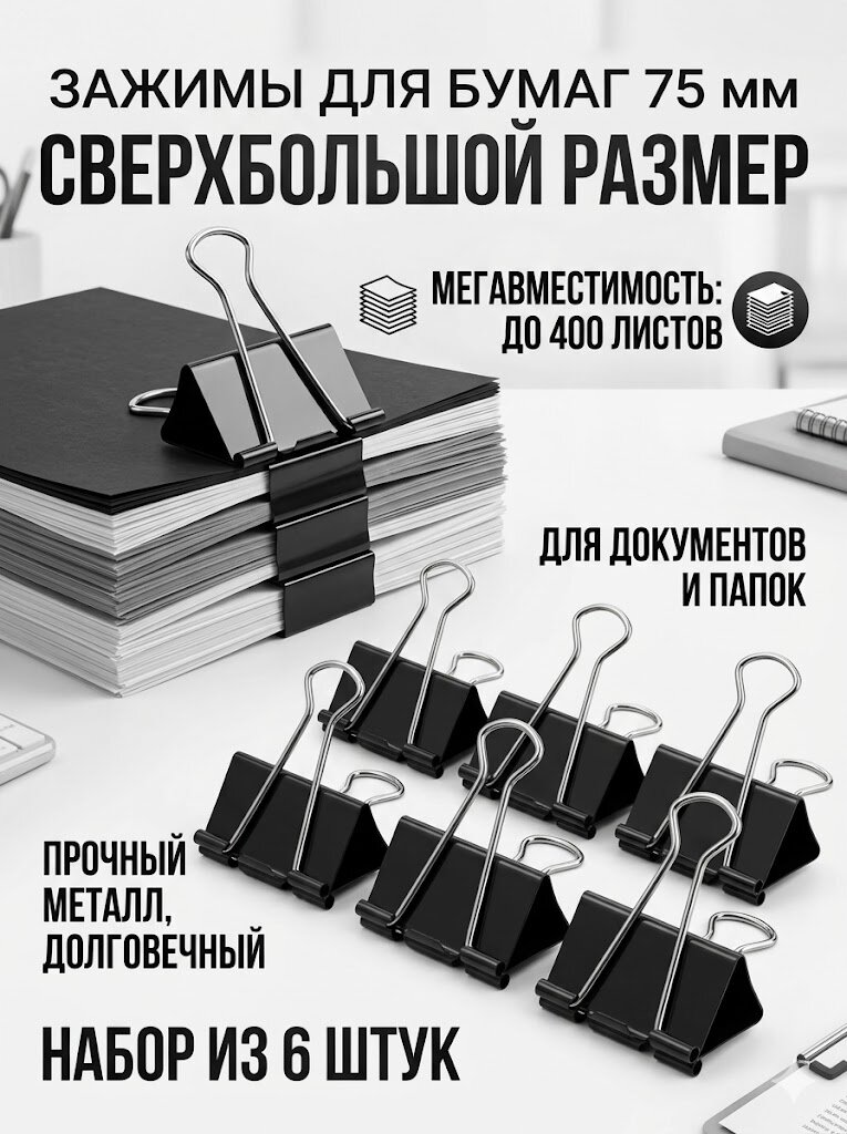 Зажимы для бумаг 75 мм черные набор 6 шт супермощные для документов и папок