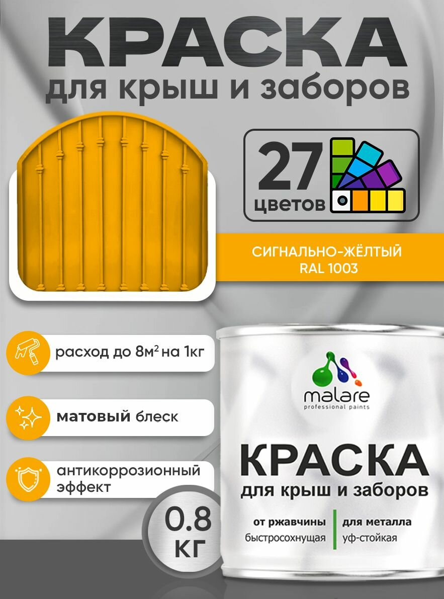 Краска по металлу Malare для крыш и заборов по ржавчине, для наружных работ, быстросохнущая износостойкая RAL 1003 сигнально-жёлтый, матовая, 0,8 кг.