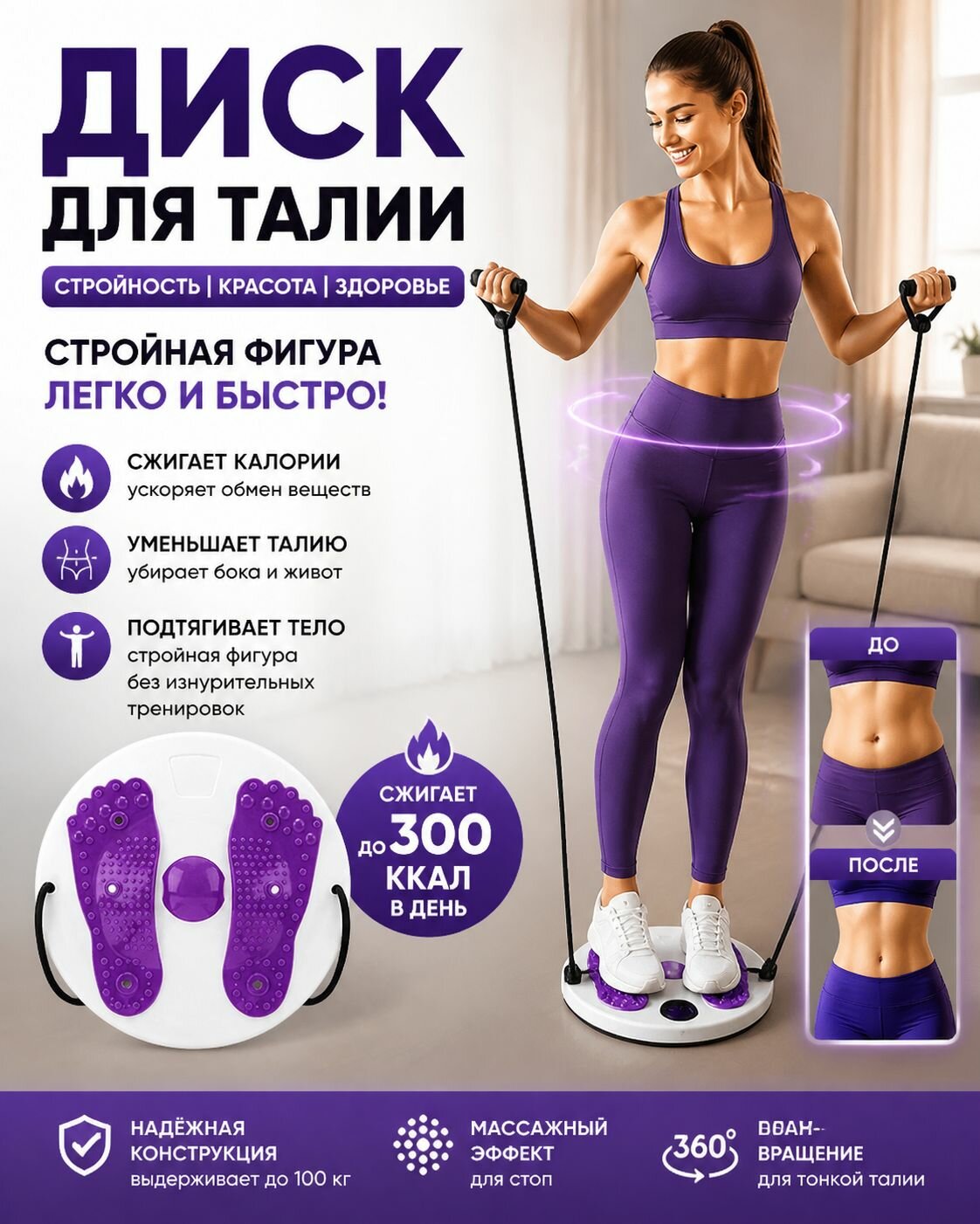Диск здоровья с эспандерами и массажной платформой, фитнес диск, балансборд предел нагрузки 120 кг