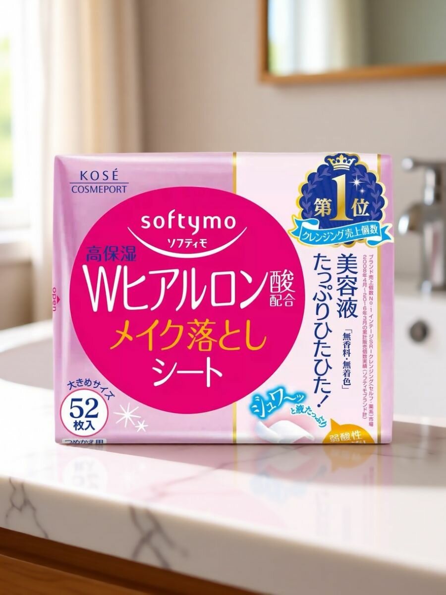 Салфетки Kose используются для снятия водостойкого макияжа Softymo, увлажняющие гиалуроновой кислотой, 52 шт.