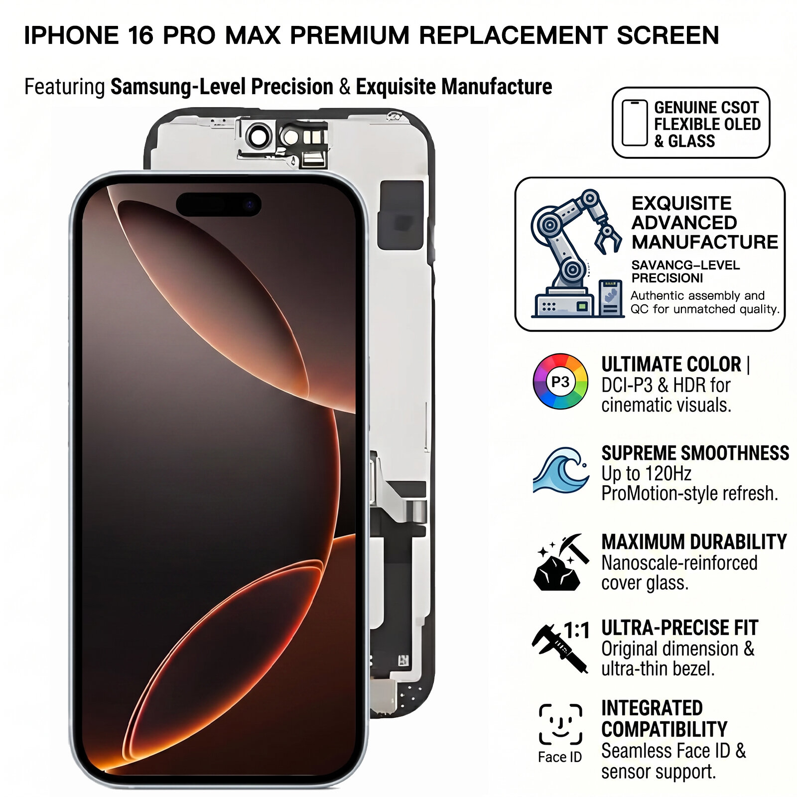 Дисплей для замены iPhone 16 Pro Max, OLED Huaxing + передовая герметизация, с переносом IC, без Face ID