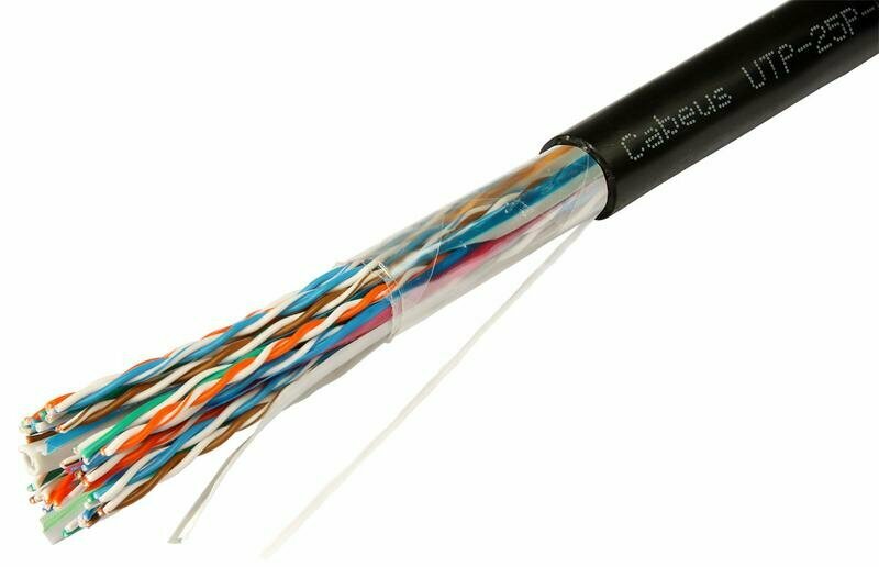 Кабель витая пара UTP (U/UTP) кат.5 25 пар 24 AWG ОЖ solid для внешн. прокладки UV PE Cabeus 7467c