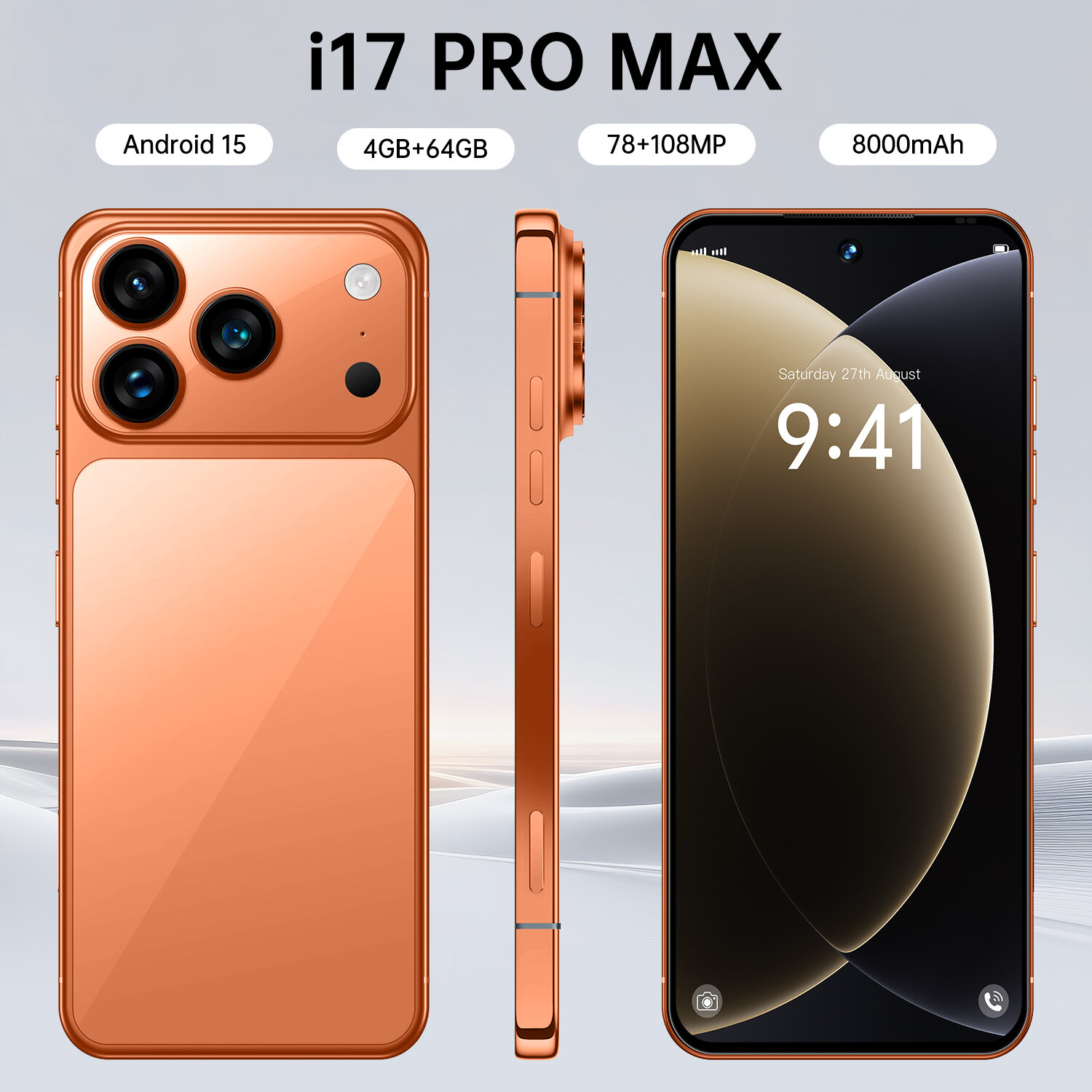 Смартфон i17 pro max Android14, 4/64ГБ, экран 6.6″, 6800mAh, 2SIM 5G Global оранжевый