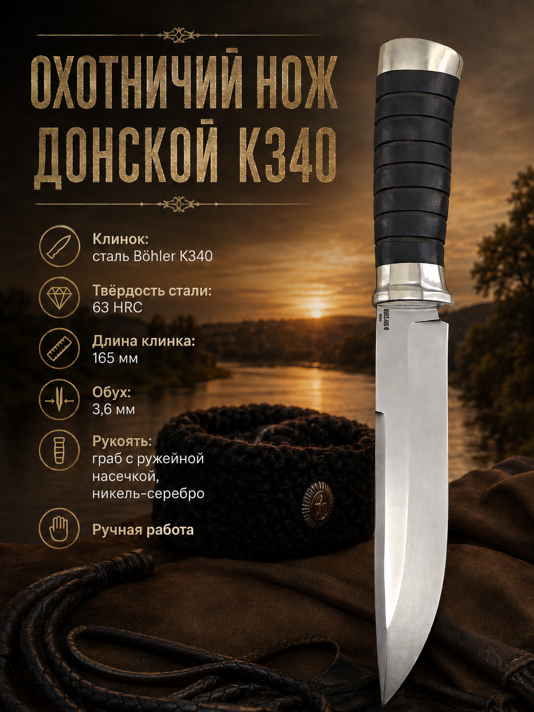 Туристический нож Борема "Донской", кованая сталь К340, черный граб, клинок 17 см