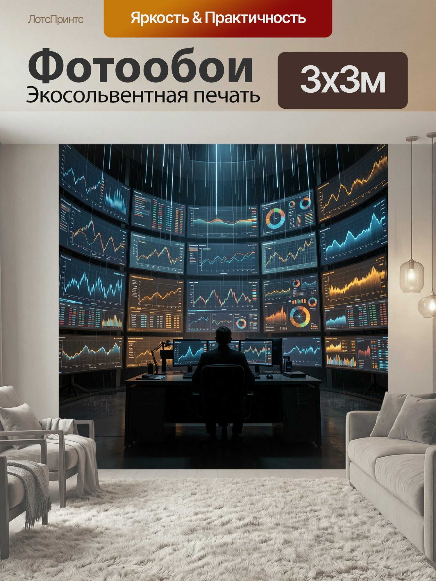 Фотообои "Финансовый контрольный зал. Мрачный футуристический зал с десятками экранов, биржевыми графиками и таблицами. За рабочим местом." 300x300 см. экосольвентная печать