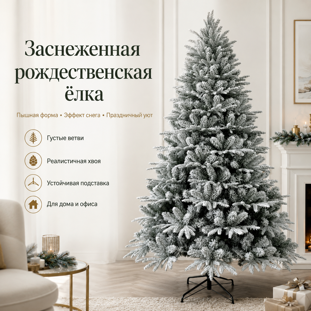 Искусственная ёлка 210 см, снежно-белая, с распылением «снега», пушистая, смесь PE с флокированием
