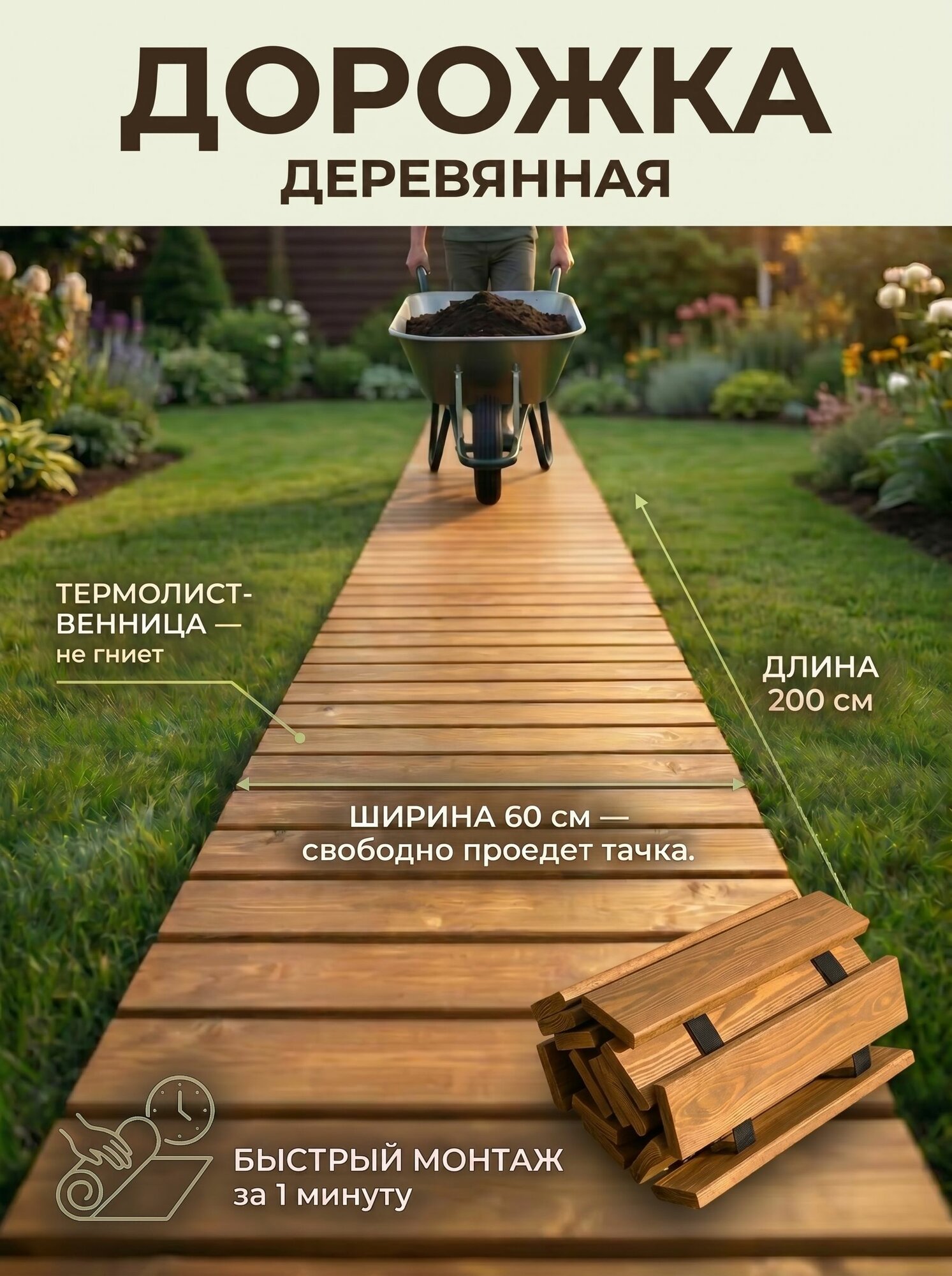 Гибкая садовая дорожка деревянная из термированной лиственницы 60*200