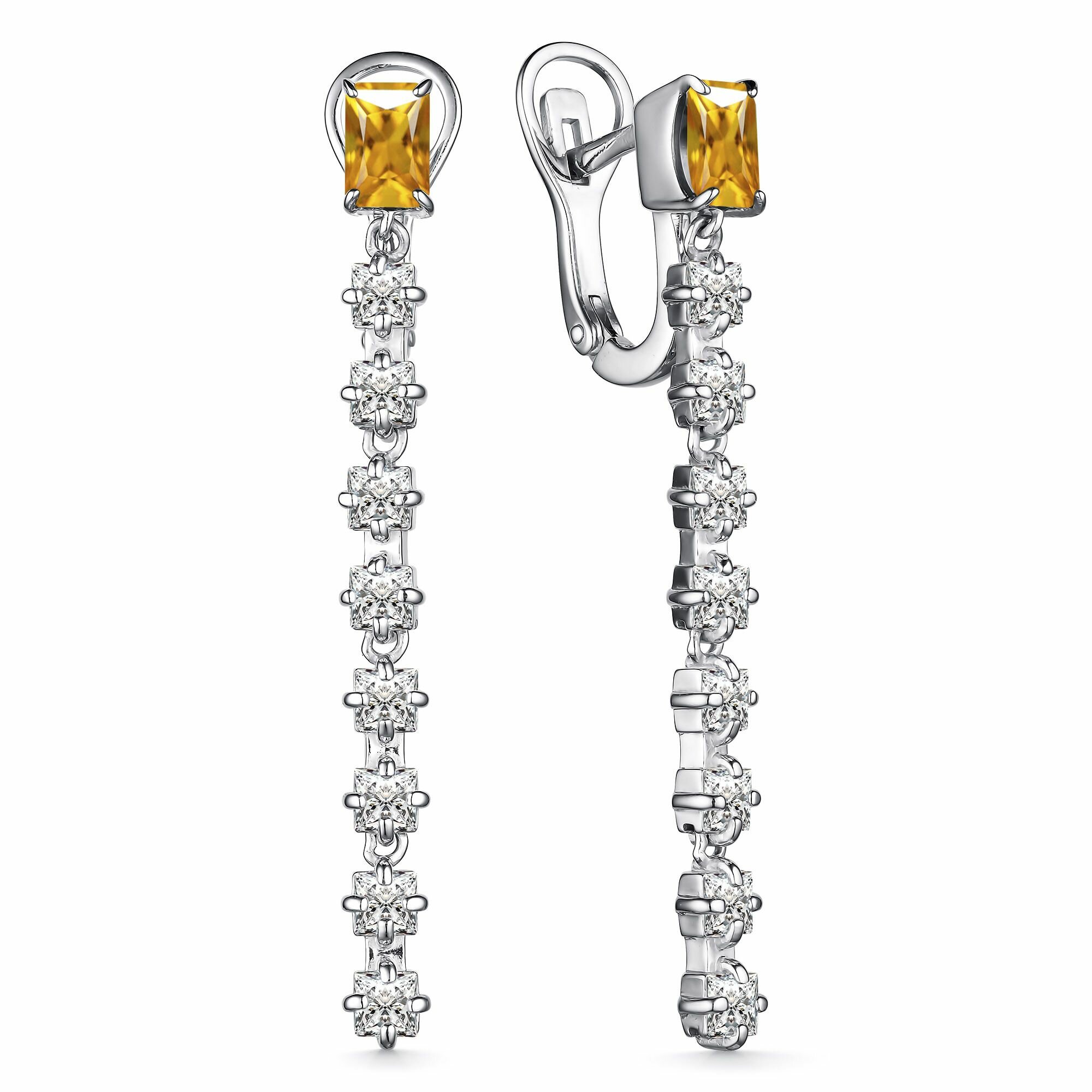 Серьги ОРИЕНТАЛЬ, серебро, 925 проба, родирование, цитрин, фианит