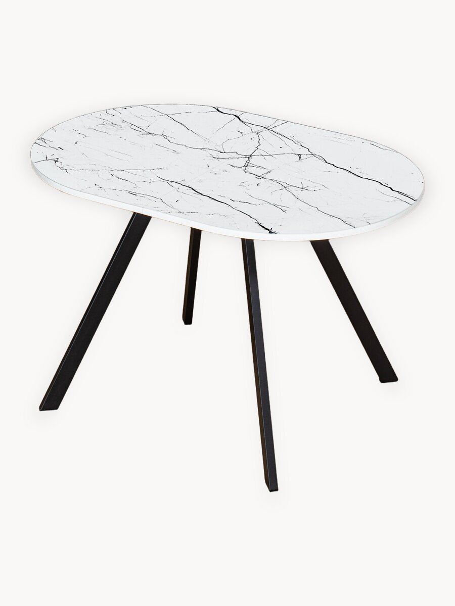 Стол кухонный, стеклянный, овальный, раздвижной, Романс О-1 Бел стп-БМ 95 ЧР, 120х80, раскладной, обеденный, белый мрамор