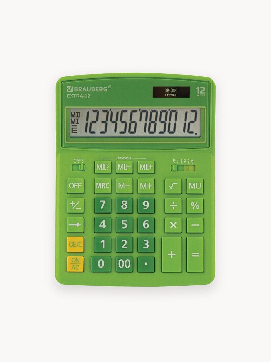 Калькулятор настольный электронный Brauberg Extra-12-dg (206x155 мм), 12 разрядов, двойное питание, Зеленый, 250483