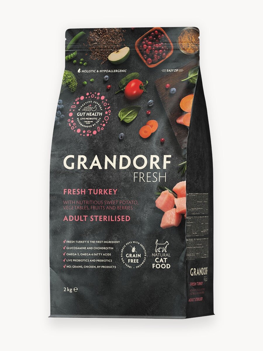 Сухой корм Grandorf Fresh Cat Sterilised беззерновой для стерилизованных кошек Индейка с бататом, 2 кг.