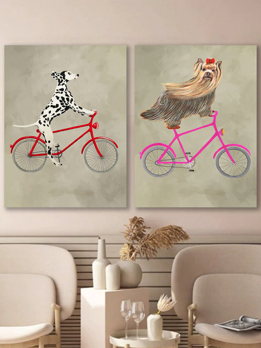 Модульные картины на стену / диптих - "Собаки на велосипеде", картина 2 шт, модуль 40х60 см