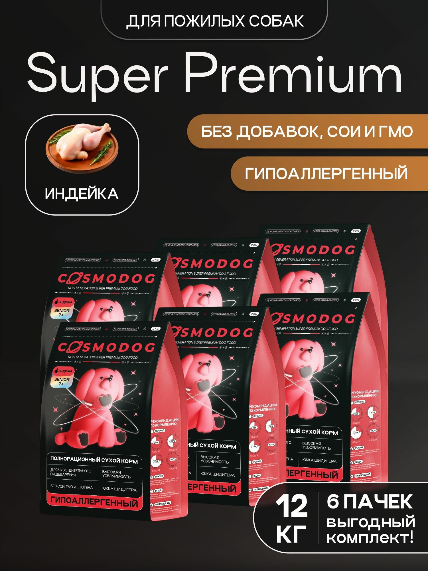 Корм для пожилых собак сухой Cosmodog с индейкой 12 кг, гипоаллергенный холистик для крупных и средних пород