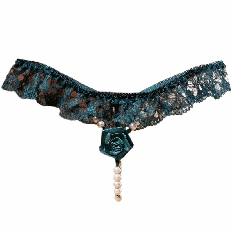 Женские кружевные розовые стринги с жемчугом-Темно-зеленый-Один размер
