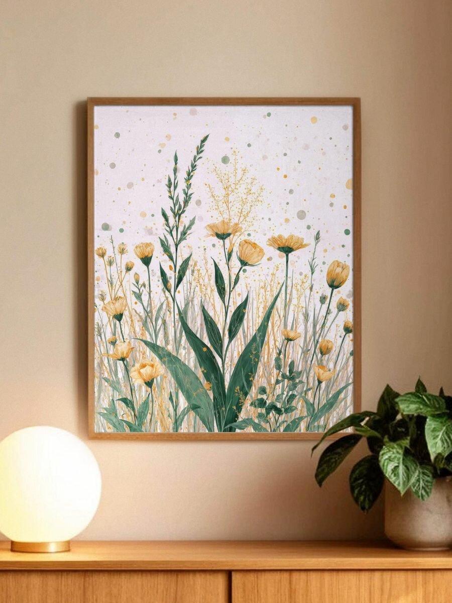 Постер на стену 40х50 см Солнечные травы, с цветами, на бумаге без рамы