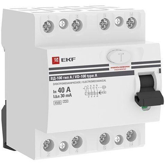 Выключатель дифференциального тока (УЗО) Ekf 4п 40А 30мА тип A ВД-100 (электромех.) PROxima, elcb-4-40-30-em-a-pro