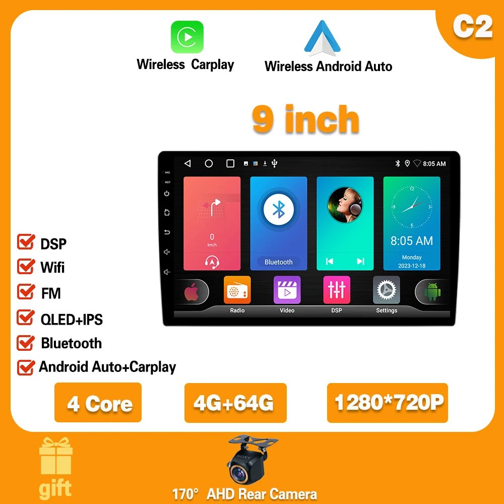Android 14 CarPlay автомобильный радиоприемник Android Auto GPS мультимедийный плеер 2 DIN универсальный 9/10 дюймов Автомагнитола Wi-Fi плеер QLED Экран BT A 4-64G CAM