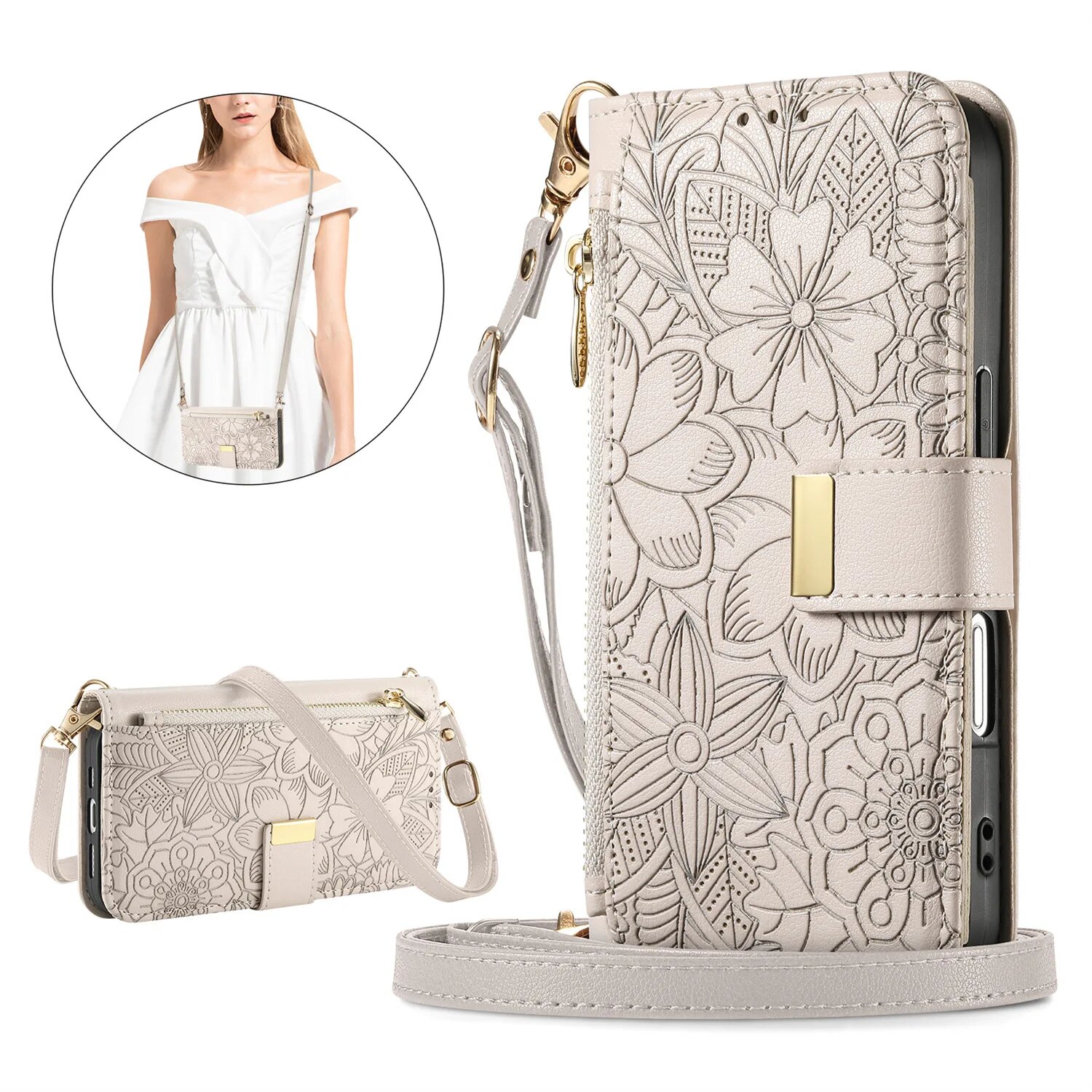 Чехол-кошелек на молнии через плечо для iPhone 17 Pro Max 16 Plus 15 14 13 12 Роскошный кожаный ремешок с несколькими 6 карточками и откидной крышкой на запястье