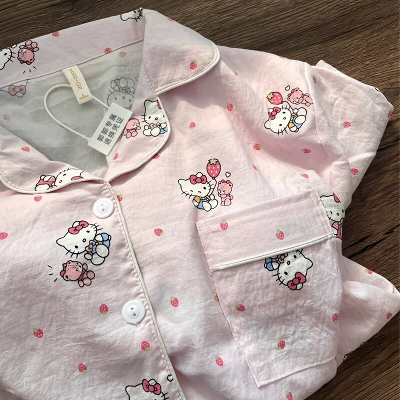 2025 новый стиль с нагрудной подкладкой, хлопковая шелковая пижама, женская летняя с короткими рукавами, милая домашняя одежда для девочек Hello Kitty