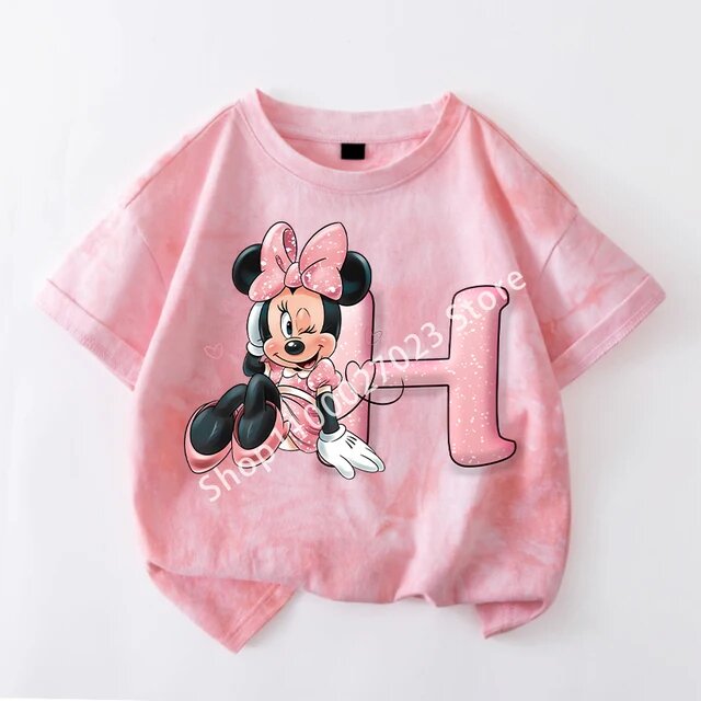 Футболка с короткими рукавами и принтом букв Минни Маус для мальчиков и девочек Диснея в стиле тай-дай. Футболка с круглым вырезом. Милые подарки для детей.