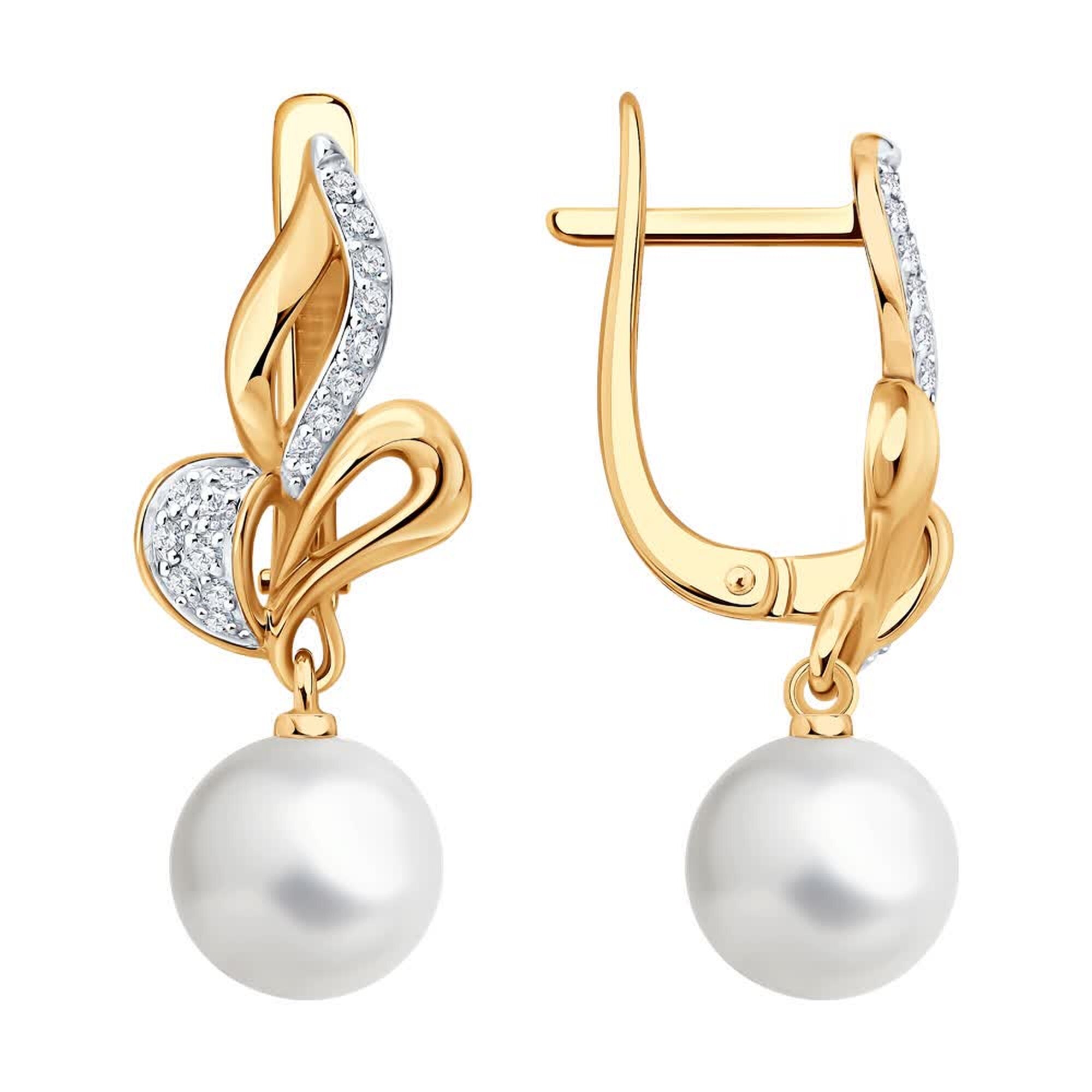 Серьги, красное золото, 585 проба, жемчуг, фианит