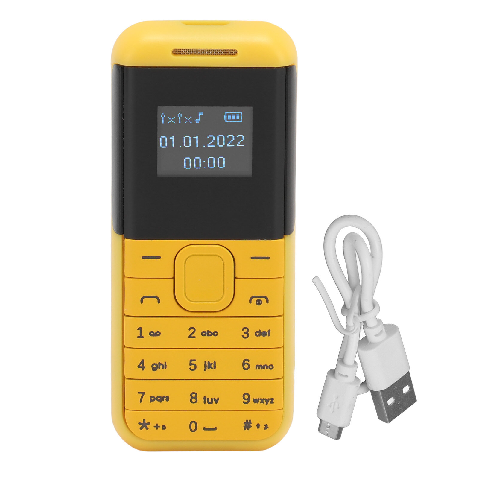 Крошечный мобильный телефон Мини-телефон 2G Экран 0,66 дюйма 2 в 1 Bluetooth Звуковой плеер с двумя картами ожидания GSM Маленький базовый телефон для пожилых детей Желтый