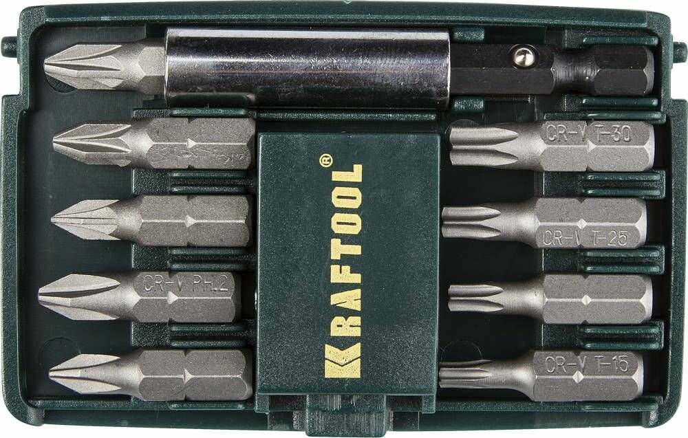 Набор бит KRAFTOOL Compact-10, магнитный адаптер, 10 штук 26130-H10