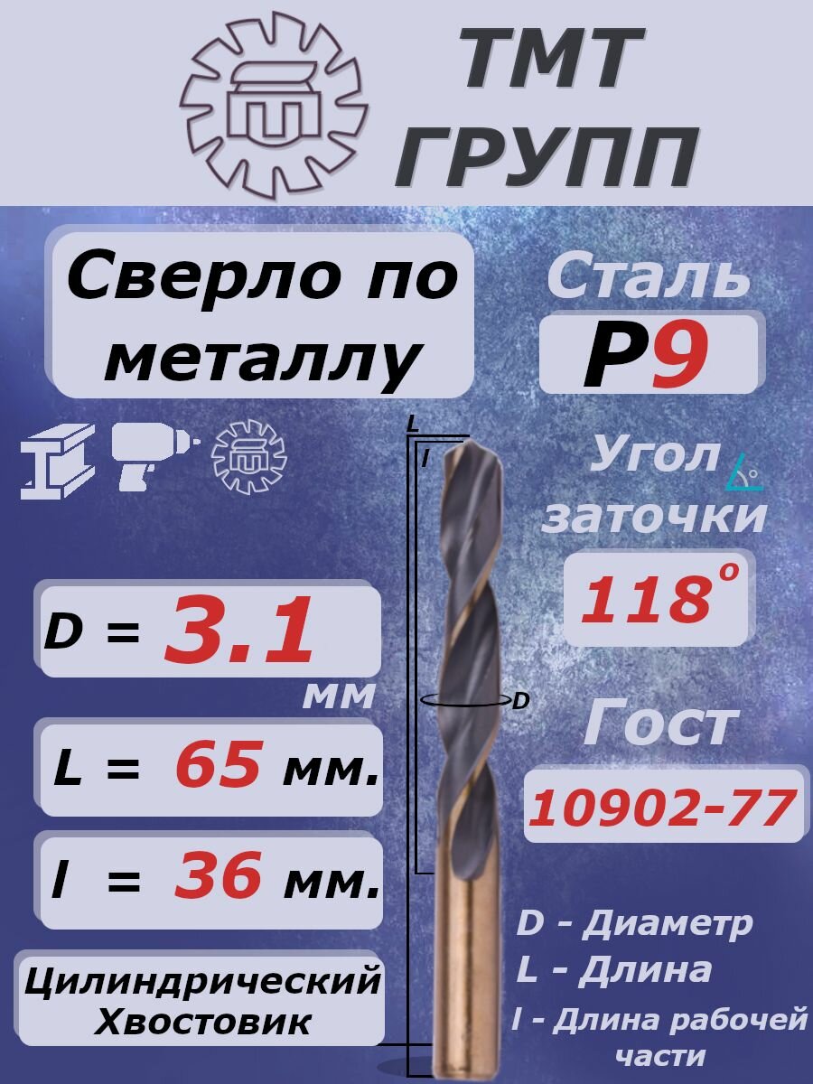 Сверло по металлу, цилиндрический хвостовик, ц/х, 3.1 Р9 ТМ*