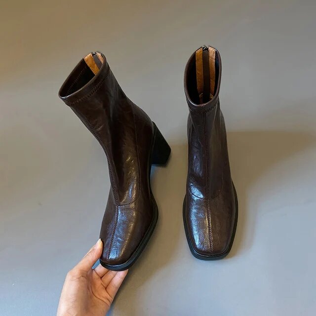 Осенние винтажные эластичные тонкие женские ботильоны, модные мягкие кожаные туфли, элегантные женские ботильоны на толстом каблуке, современные короткие ботильоны