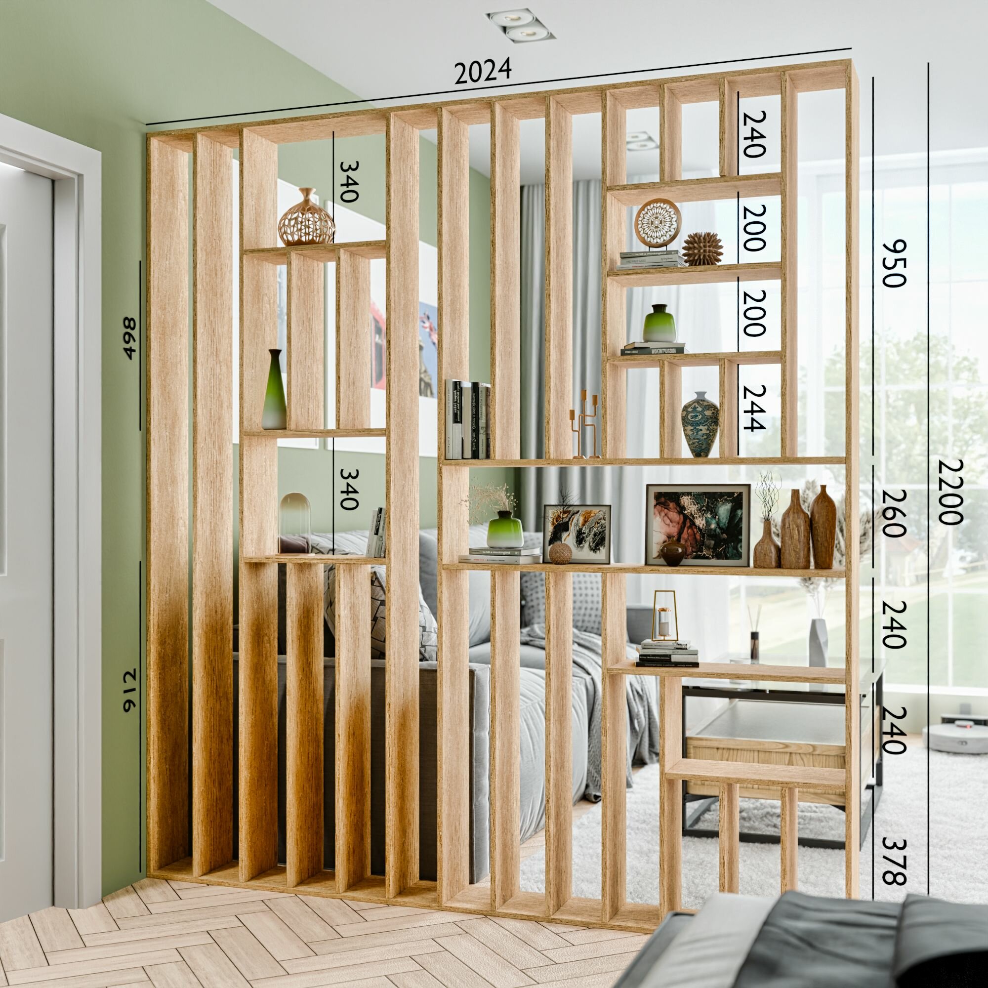 Перегородка для зонирования офиса, сонома, 1940 мм, 16х200 мм